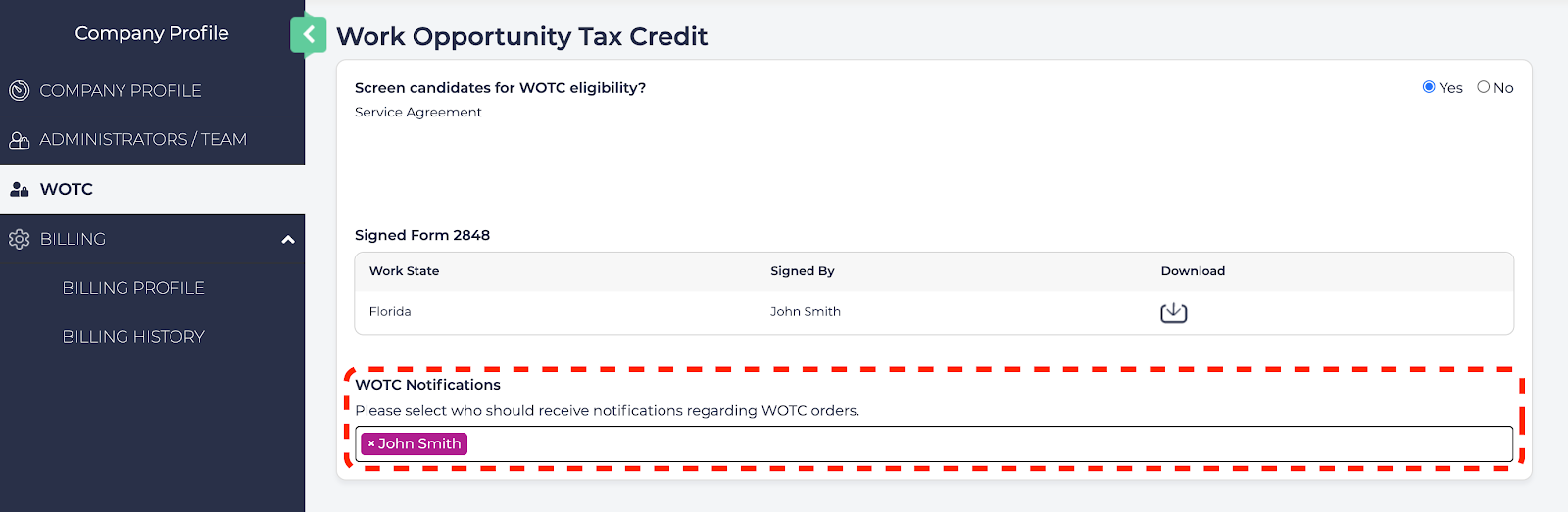 WOTC Administration Settings – My Account